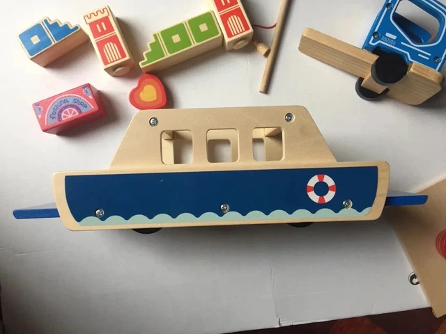 WOODEN FERRY HAS Wheels Transport Sea Boat Ship + Buildings Suit Brio ...