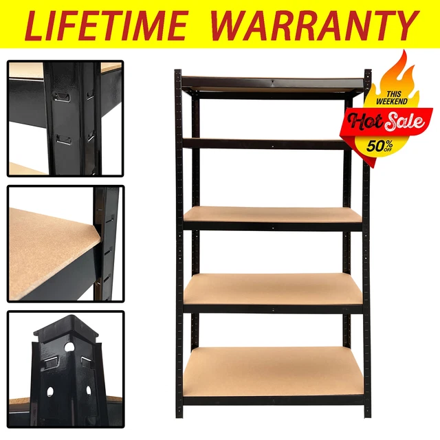 5 TIER BOLTLESS Metal Shelves Unit 750KG Capacity Black Adjustable ...