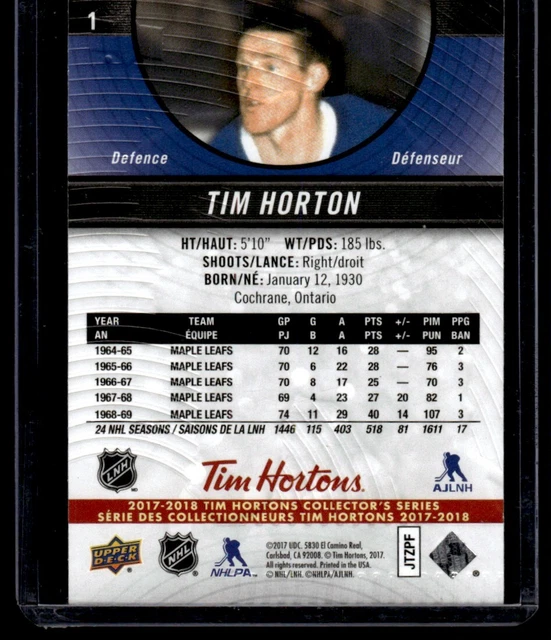 2017-18 UPPER DECK Tim Hortons Tim Horton Toronto Maple Leafs #1 $0.10 ...