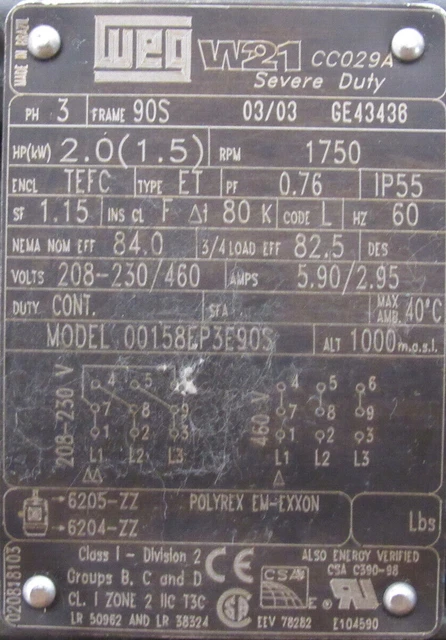 USED WEG 00158EP3E90S Motor 2Hp 208-230/460V 1750Rpm 15/16" Dia $549.32 ...