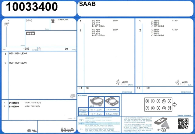 ENSEMBLE DE JOINTS de reconstruction moteur complet SAAB 900 TURBO 2.0 145 B205 (1981-/1991) EUR ...