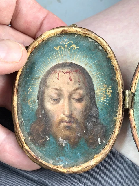 RARE ANTIQUE JESUS Christ Spanish Colonial Icon Painting In Tooled ...