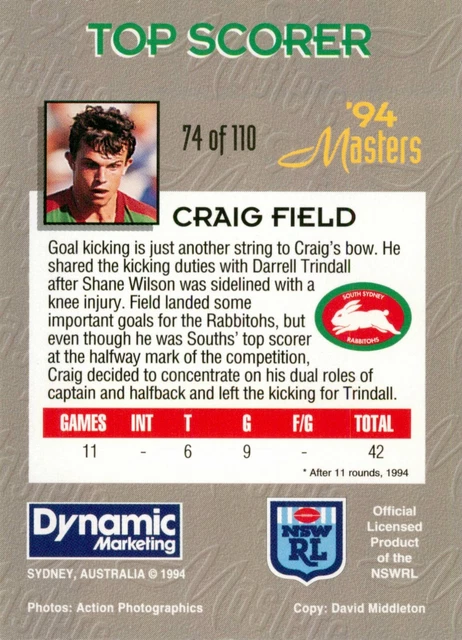 1994 SOUTH SYDNEY RABBITOHS NRL Card CRAIG FIELD Masters $4.45 ...