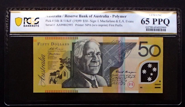 1999 AUSTRALIA $50 Dollar Note Macfarlane/Evans First Prefix AA99 Gem ...