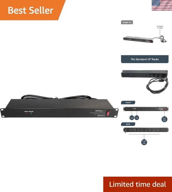 8 OUTLET HORIZONTAL 1U Rack Mount PDU Power Strip for Network Server ...