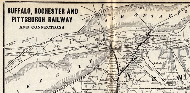 1907 ANTIQUE BUFFALO Rochester Pittsburgh Railway Map Vintage Railroad ...