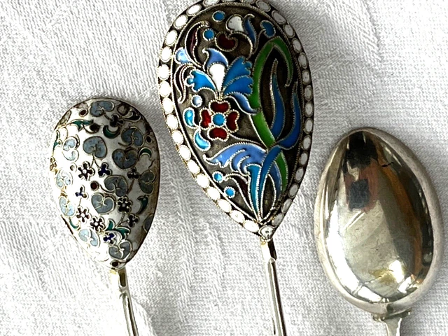 3 COLLECTABLE SILVER spoons: 2 Russian 84 enamelled spoons plus 1 ...
