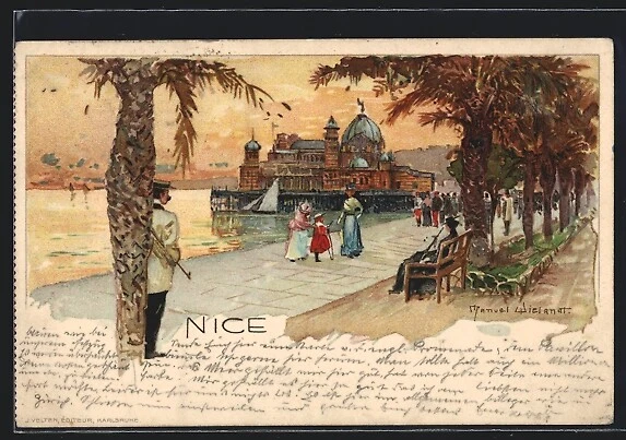 KÜNSTLER-AK MANUEL WIELANDT: Nizza, Partie auf der Promenade 1909 EUR 7,00 - PicClick DE
