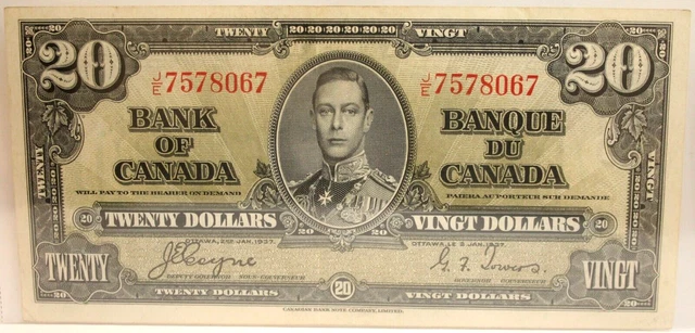 1937 $20 CANADA Twenty Dollar Bill Note Coyne-Towers BC-25c J/E 7578067 ...