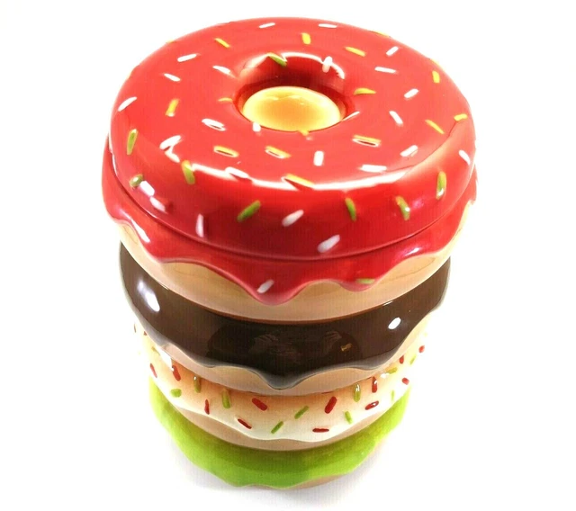 RARE SLEIGH BELL Bistro Donut Cookie Jar White Ceramic Kitchen Pastry ...