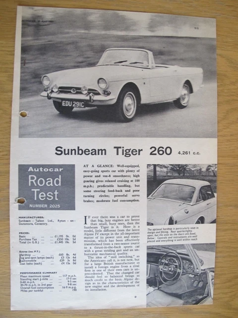 SUNBEAM ALPINE TIGER 260 V8 AUTOCAR FULL ROAD TEST APRIL 30th 1965 V ...