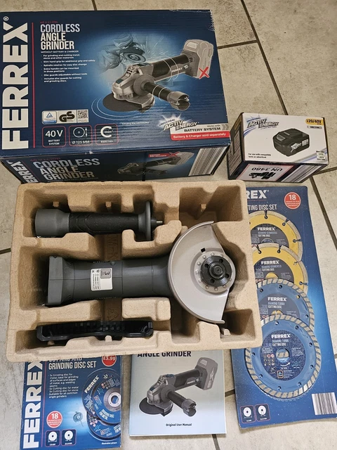 FERREX 20V CORDLESS Angle Grinder + Activ Energy 20/40V Battery £50.00 ...