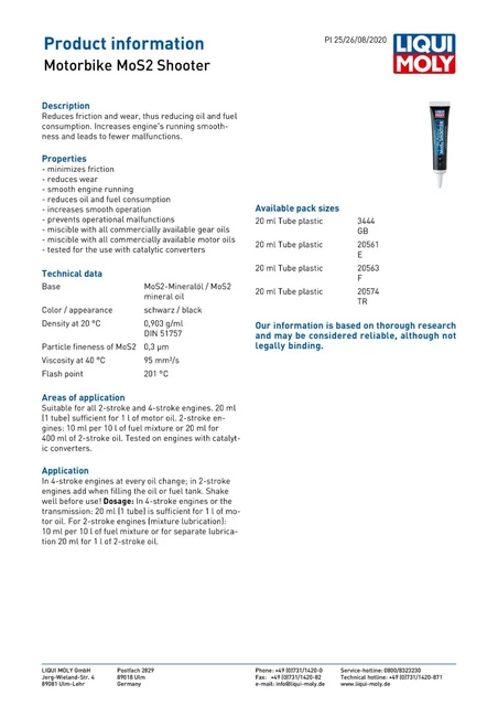 LIQUI MOLY MOS2 Tireur Moto Huile Moteur Anti- Friction Additif EUR 9 ...