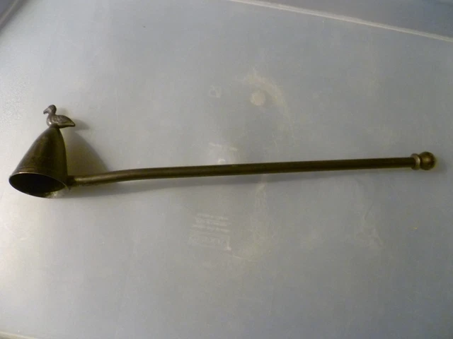 A VINTAGE LONG Handled, Bell Shaped Brass Candle Snuffer with a Duck ...