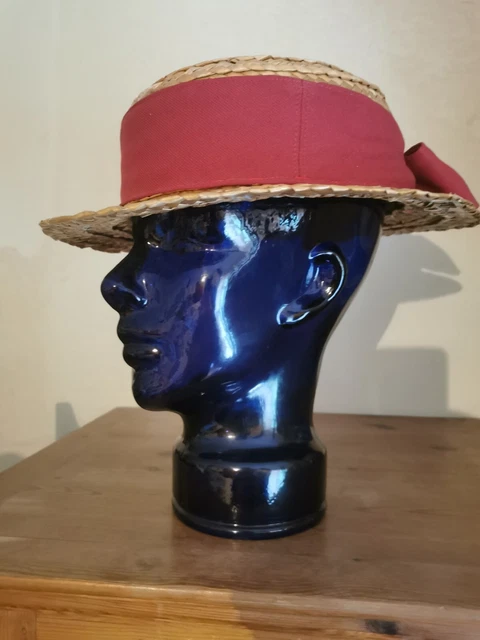 VINTAGE **STRAW BOATER** Red Ribbon Brim Sun Hat Fancy Dress Victorian ...