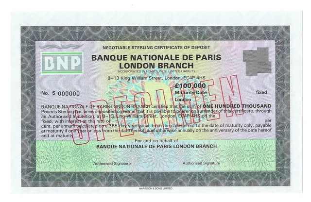 BNP PARIBAS BANQUE Nationale de Paris SPECIMEN 100 000€ certificat de ...