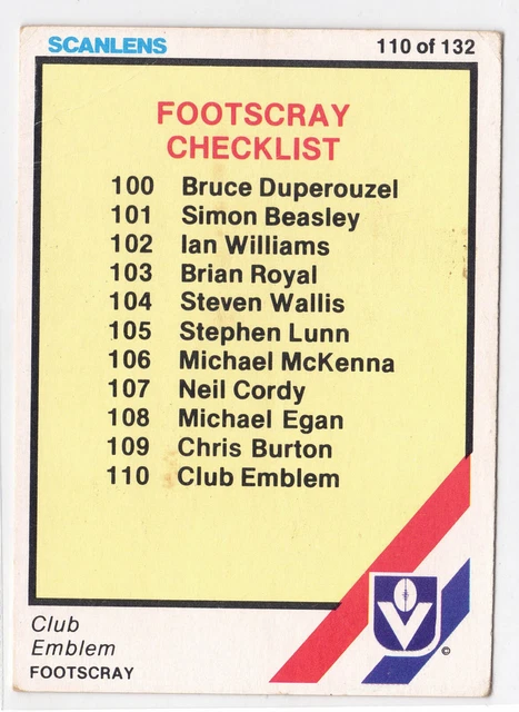 SCANLENS 1984 VFL FOOTY CARD FOOTSCRAY CHECKLIST EMBLEM LOGO UNMARKED ...