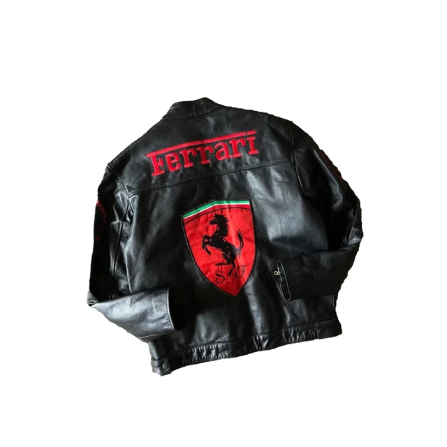 FERRARI RACING LEATHER Jacket Vintage style F1 Logo Black Racing ...