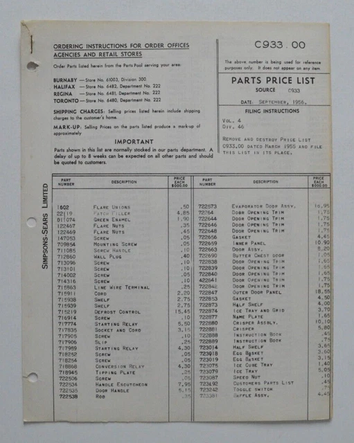 SIMPSONS-SEARS PARTS LIST for Coldspot Refrigerator 1959 C933.8900 C933 ...