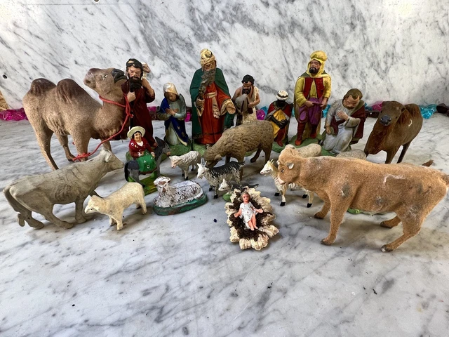 ANCIEN SANTON EN Terre Cuite, Peint Main, Lot de 7 Avec Les Animaux ...