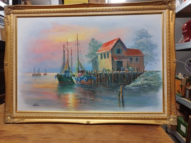 RARE TABLEAU HUILE Sur Toile LUINI Vue Marine Bateaux 102x73cm + Cadre ...