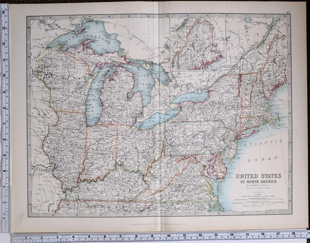 1904 LARGE MAP United States North East Ohio Kentucky New York Maine ...