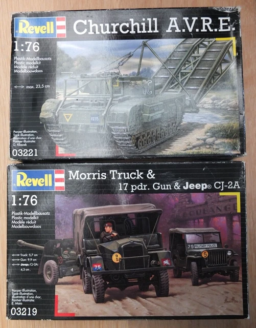 2 X 1/76 Wwii Revell Kits Morris Truck & 17 Pdr Gun & Jeep Churchill A ...