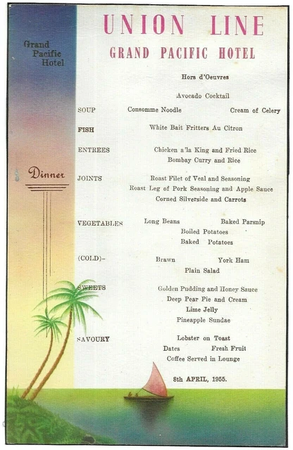 VINTAGE UNION LINE Grand Pacific Hotel Suva Fiji Dinner Menu 1955 £11. ...