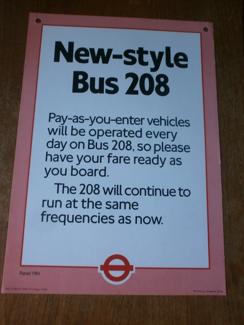 LONDON TRANSPORT BUS Stop Timetable Poster-Route 208 Converted to OPO ...