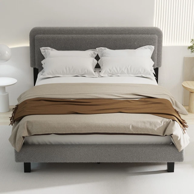 DOUBLE SIZE UPHOLSTERED Bed Frame w/ Sheep Plush Headboard，Wooden Slats ...