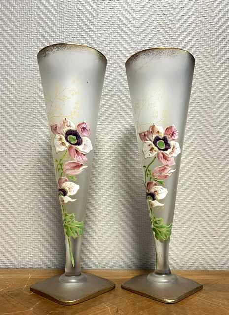 PAIRE DE VASES cornet en verre Givré d'après Montjoye par Legras ép ...