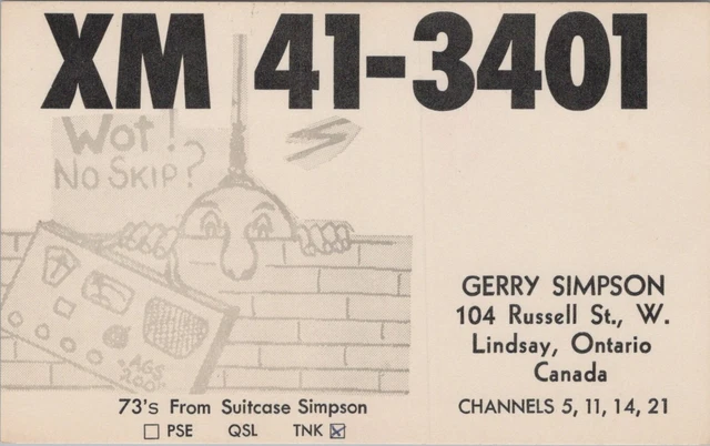 VINTAGE CB RADIO QSL postcard comic Gerry Simpson 1960s Lindsay Ontario ...