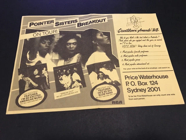THE POINTER SISTERS Aria Chart Official Original Aussie Flyer 1984 $25. ...