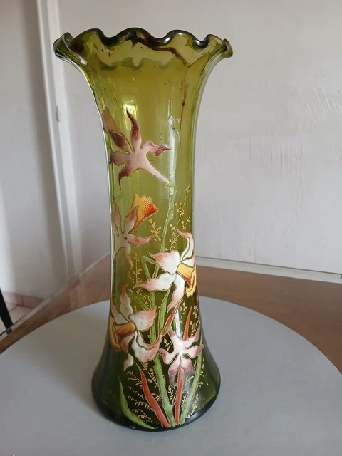 ANCIEN GRAND VASE en verre émaillé Legras Décor Orchidée 31 cm EUR 90,00 - PicClick FR
