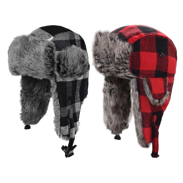 UNISEX WINTER TRAPPER Hat Lattice Plaid Print Plush Lined Ushanka ...