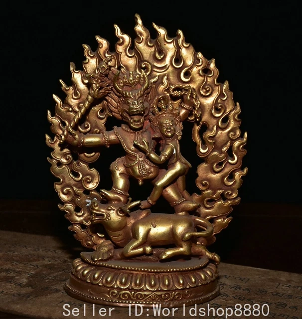 6& OLD TIBET Bronze Gilt Prison Master Yan Demon King Backlight Statue ...