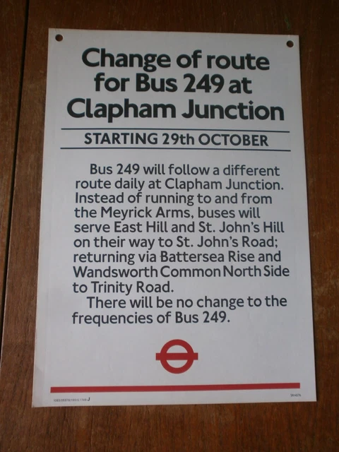 LONDON TRANSPORT BUS Stop Timetable Panel Poster-Change of Route 249 ...