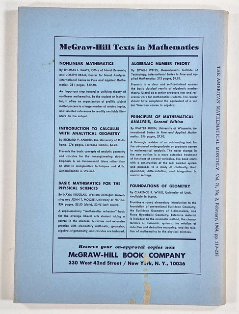 1964 FEB AMERICAN MATHEMATICAL MONTHLY Topology & Geometry REAL ...