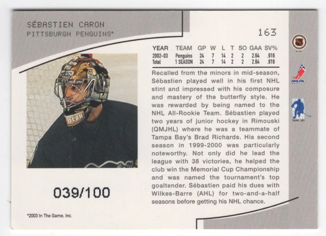 2002-03 BE A Player Memorabilia BLUE /100 SEBASTIEN CARON Tampa Bay ...