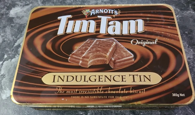 ARNOTT'S BISCUITS. TIM Tam Indulgence Tin. No Arnott's logo on back. $6 ...