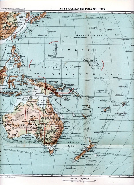 Australia Polynesia 1900 Orig Atlaskarte New Zealand Samoa Fiji Hawaii