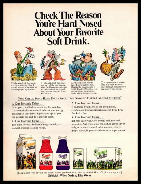 1970 QUICKKICK QUICK Energy Thirst Quencer Isotonic Drink Cartoon Print ...