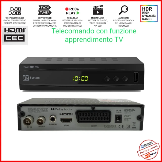 DECODER DIGITALE TERRESTRE DVB-T2 REGISTRATORE Telesystem TS6822 PRO Twin Tuner EUR 45,90 ...