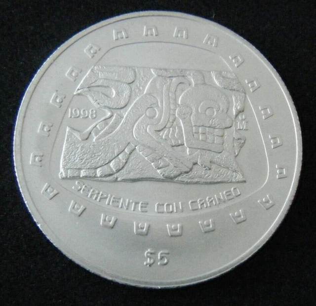 MEXICO 5 PESOS Pre-Columbian Serpiente con Craneo Silver Coin 1998 £110 ...