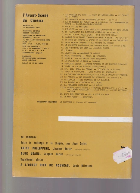 L'AVANT SCENE CINEMA N°31 Adieu Philippine / Blue Jeans /A L'ouest Rien ...