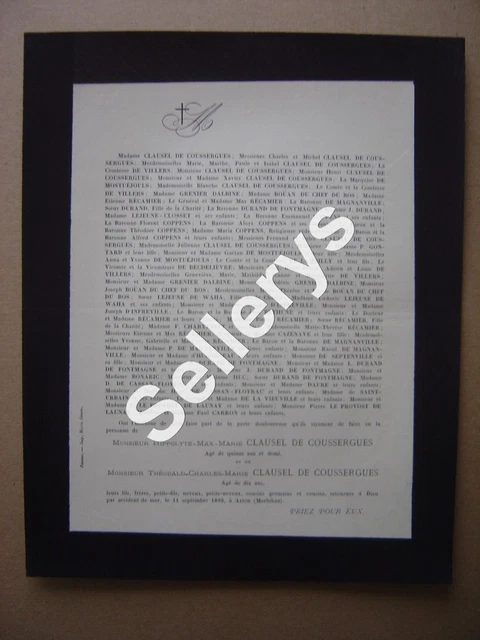 FAIRE PART DÉCÈS Hippolyte et Théobald de CLAUSEL de Coussergues ...