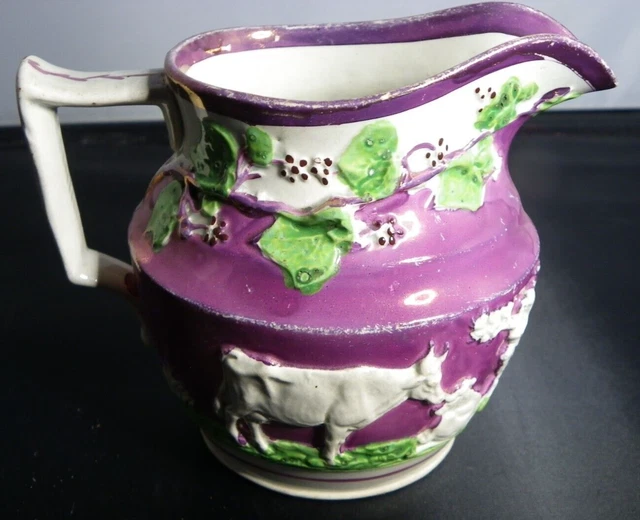 ANCIEN PICHET FAÏENCE Britannique rose moiré décor vache veau chevaux ...