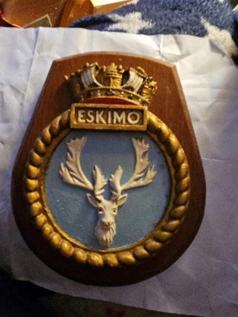 HMS ESKIMO CAST metal and wood ship's crest plaque Royal Navy naval £45 ...