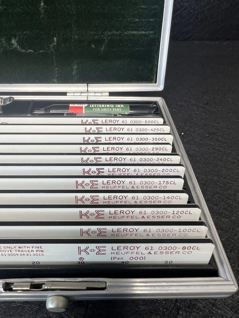 VINTAGE K&E LEROY II Lettering Set 11 Templates w/ complete Pen Points ...