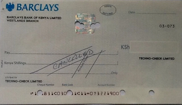 BARCLAYS BANK KENYA, CHEQUE ,Westlands Branch in Nairobi. £3.99 ...